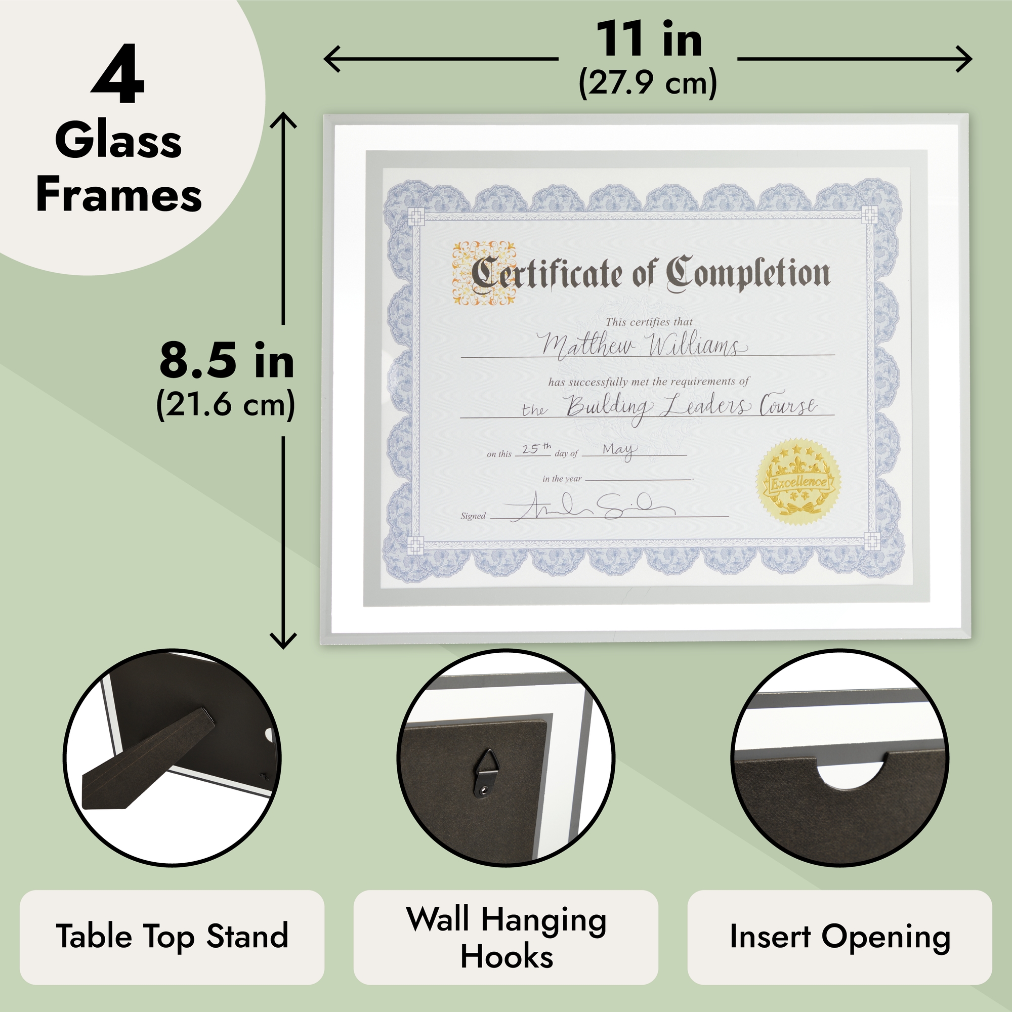 4 Pack Glass Diploma Holders, 11 x 8.5 Inch Floating Frame Certificate ...